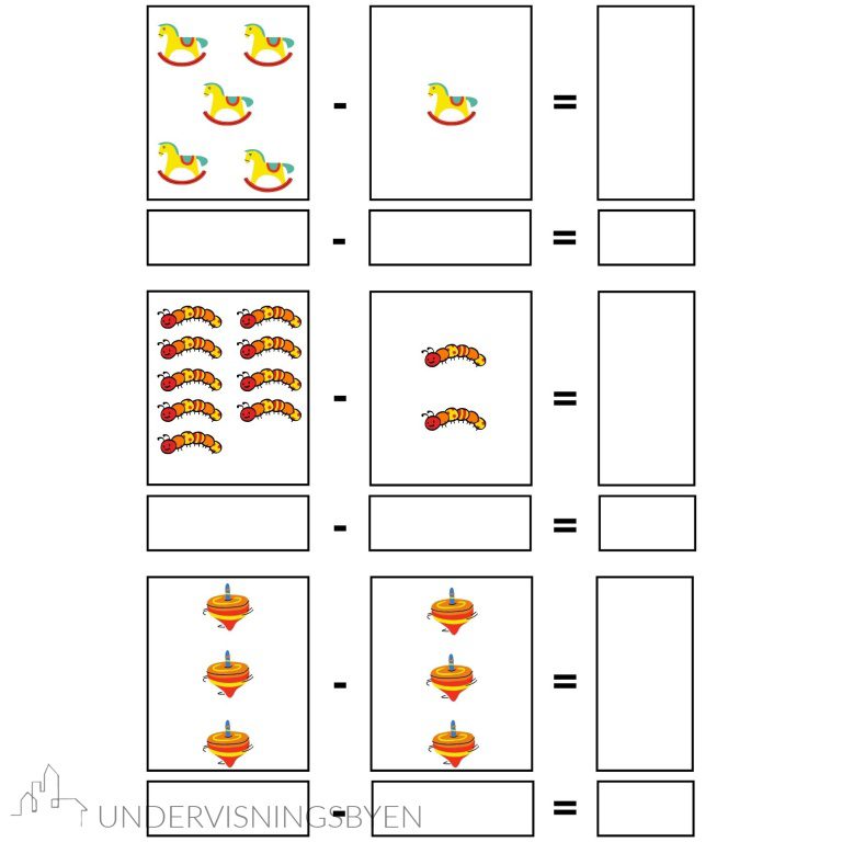 60 regnestykker med subtraksjon til 10 - arbeidsark med visuell støtte ...